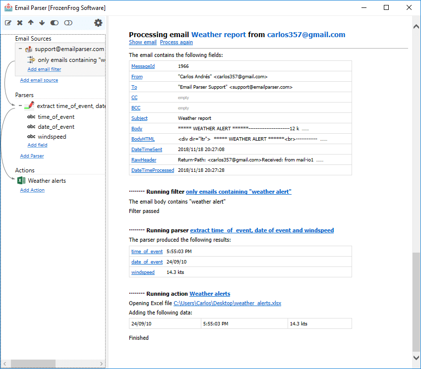 Filter incoming emails, parse data and write to Excel file - Email Parser software